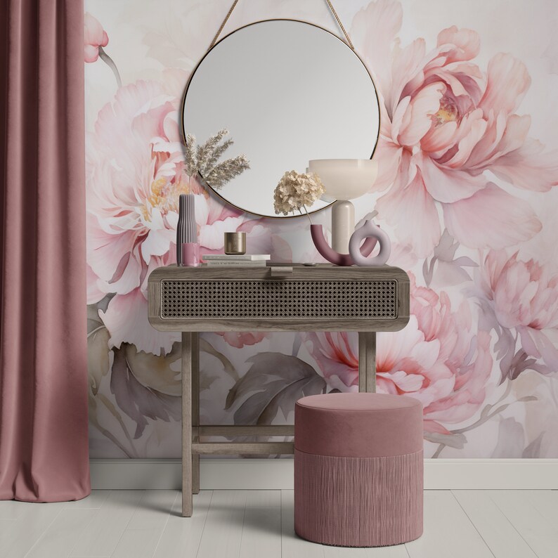 Pink Accent Wall Floral Mural Wallpaper Peel and Stick Wallpaper ...