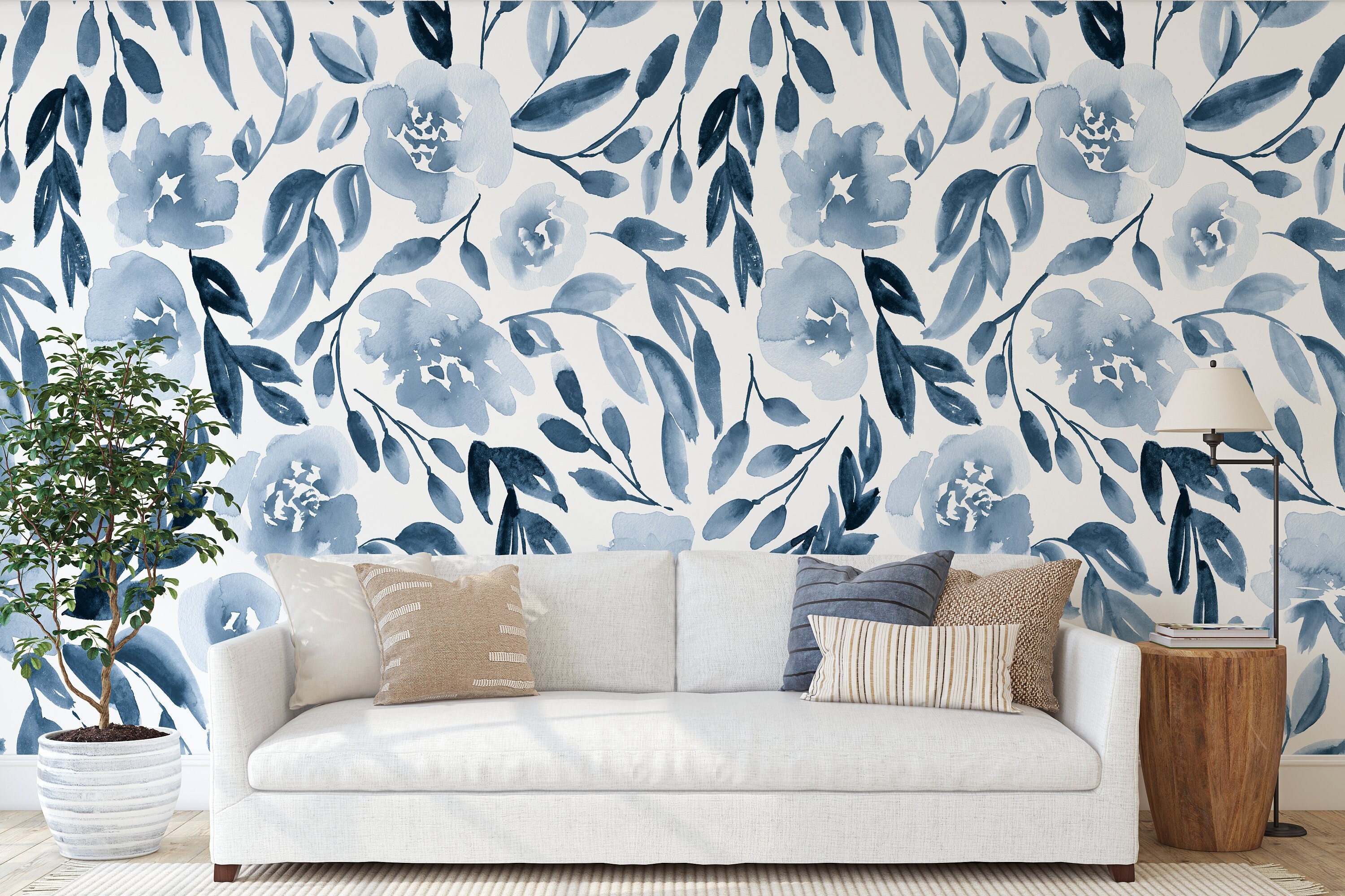 Blue Floral Wallpaper Blue Floral Wall Mural Wallpaper Peel and Stick ...