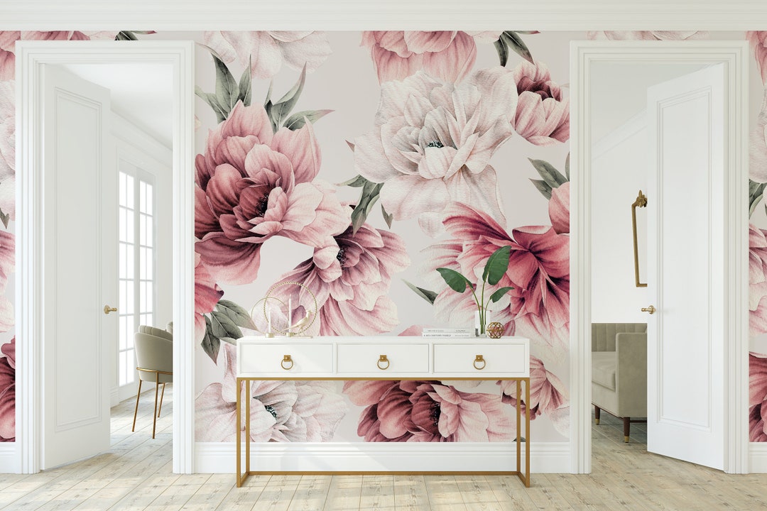 Pink Mauve Peonies Floral Wallpaper Girl Nursery Accent Wall Peel and ...