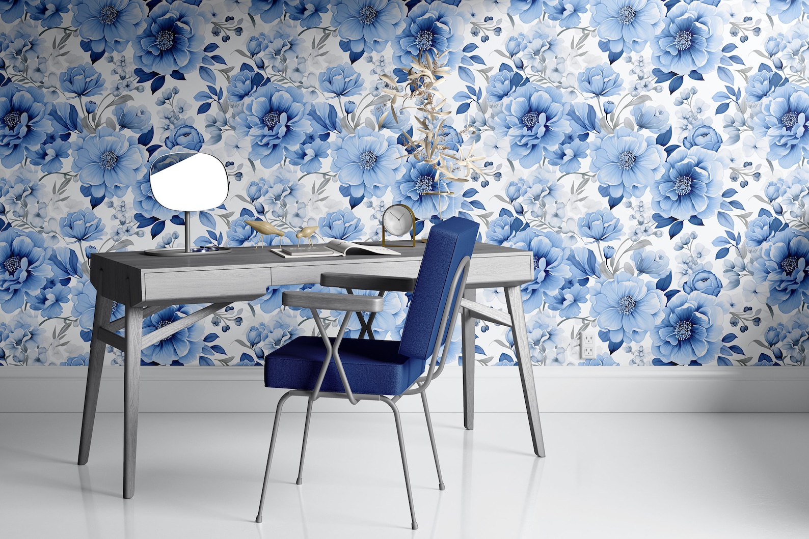 Blue Floral Wallpaper Peel and Stick Wallpaper Removable Traditional ...