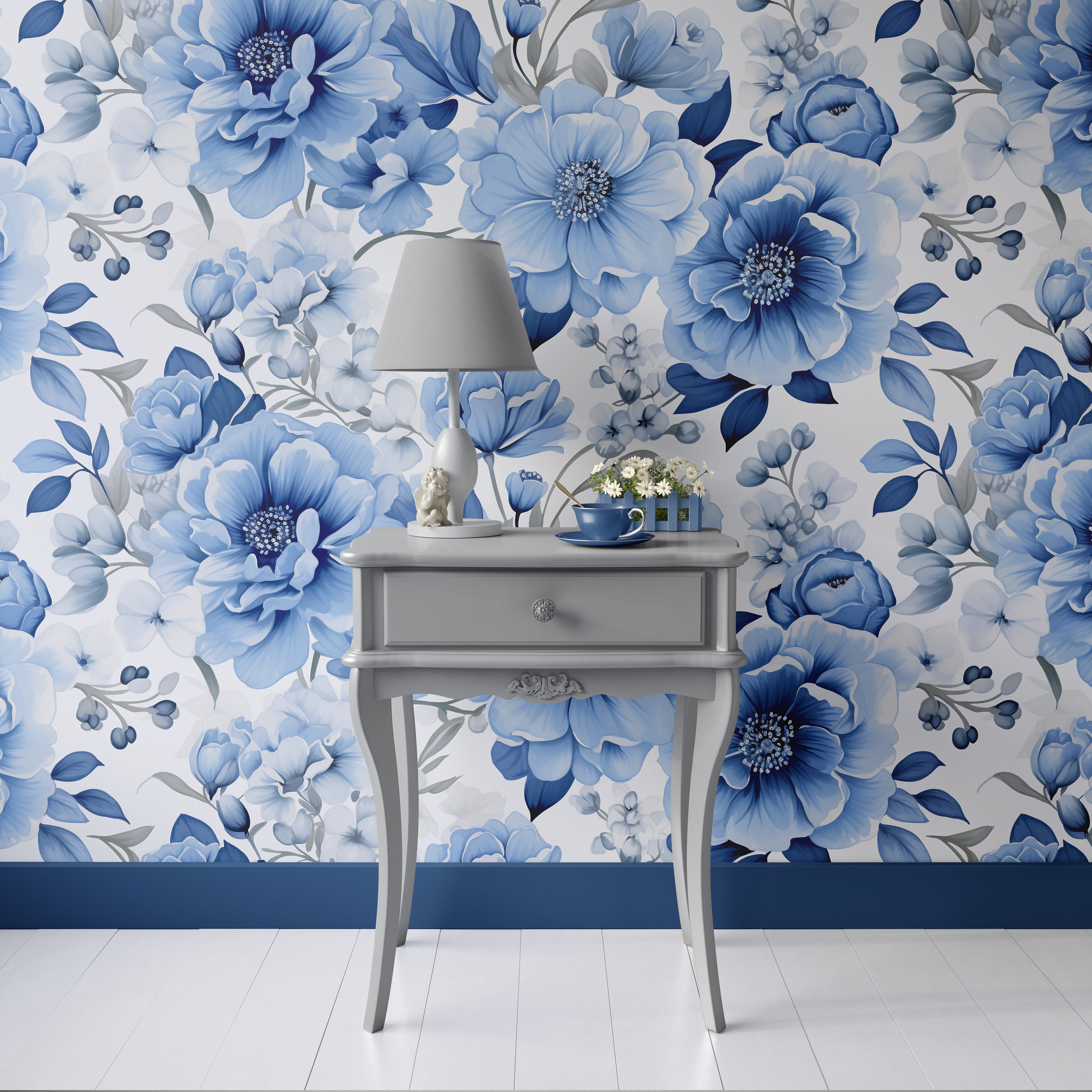 Blue Floral Wallpaper Peel and Stick Wallpaper Removable Traditional ...