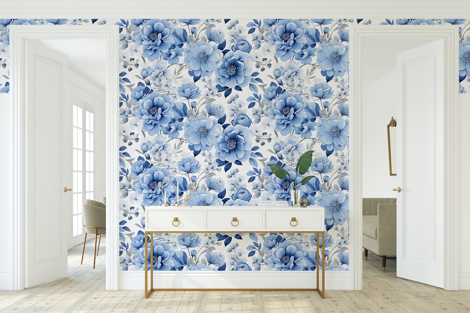 Blue Floral Wallpaper Peel and Stick Wallpaper Removable Traditional ...