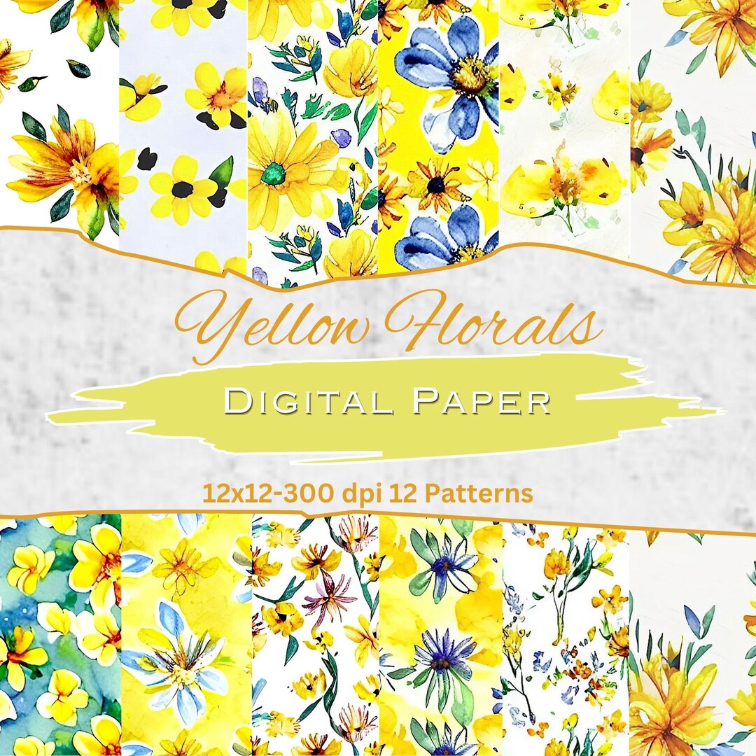Yellow Digital Paper - Watercolor Floral Pattern - Printable JPG ...
