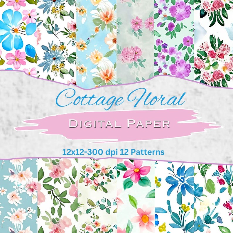 Bright Pink & Blue Floral Digital Paper - Watercolor Floral Pattern ...