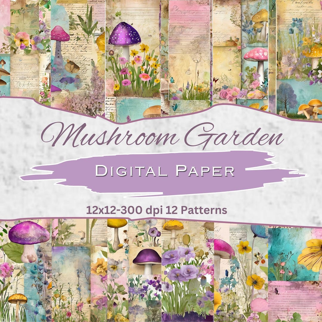 Mushroom Garden Digital Paper – Watercolor Scrapbook Patterns (PNG ...