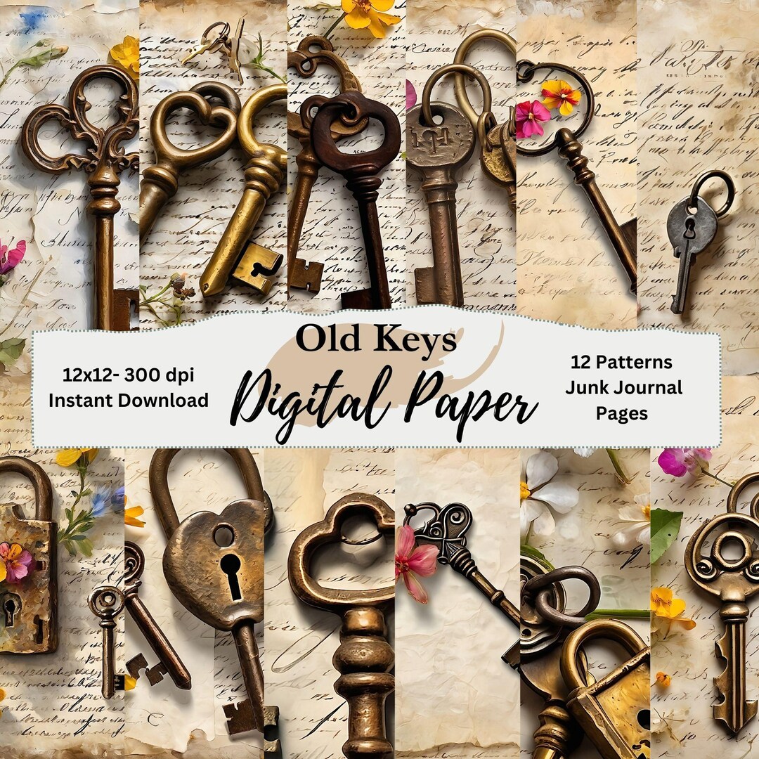 Old Keys Digital Paper - Watercolor Pattern - Printable PNG Digital ...