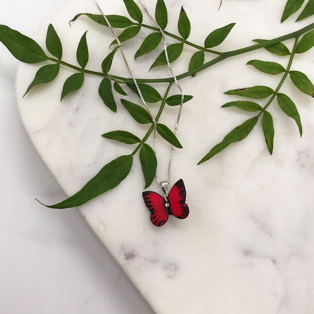 Handmade Porcelain Red Butterfly Necklace, Swarovski Crystal, Sterling ...
