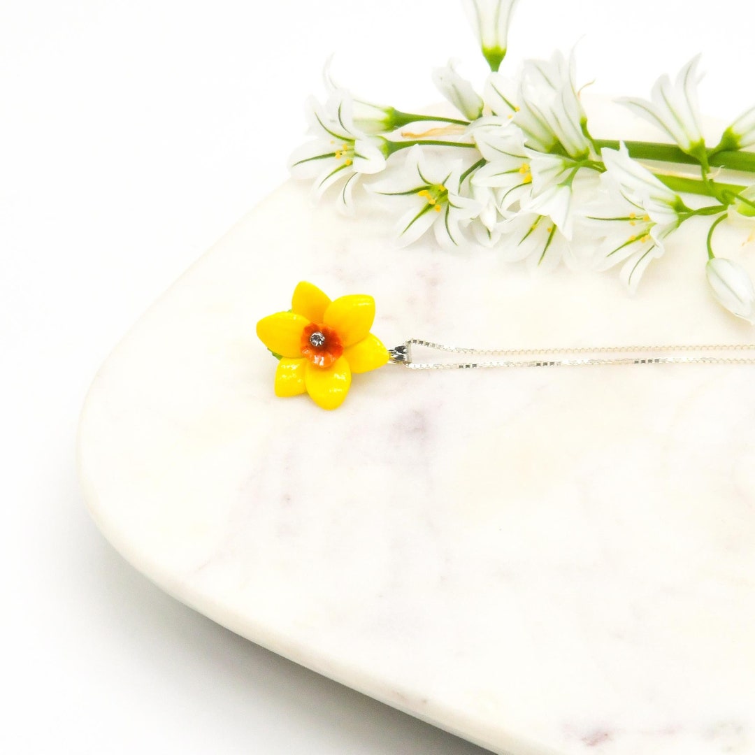 Porcelain Yellow Daffodil Pendant With Sterling Silver Necklace/ Flower ...