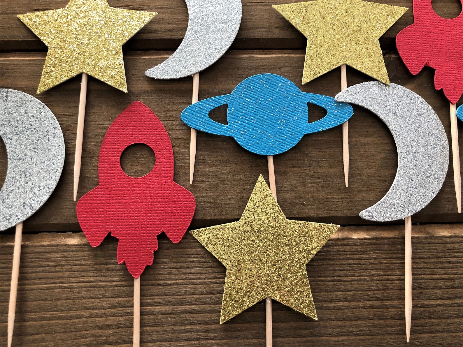Space Cupcake Toppers: Glitter Star, Moon, Rocket & Planet Party and ...
