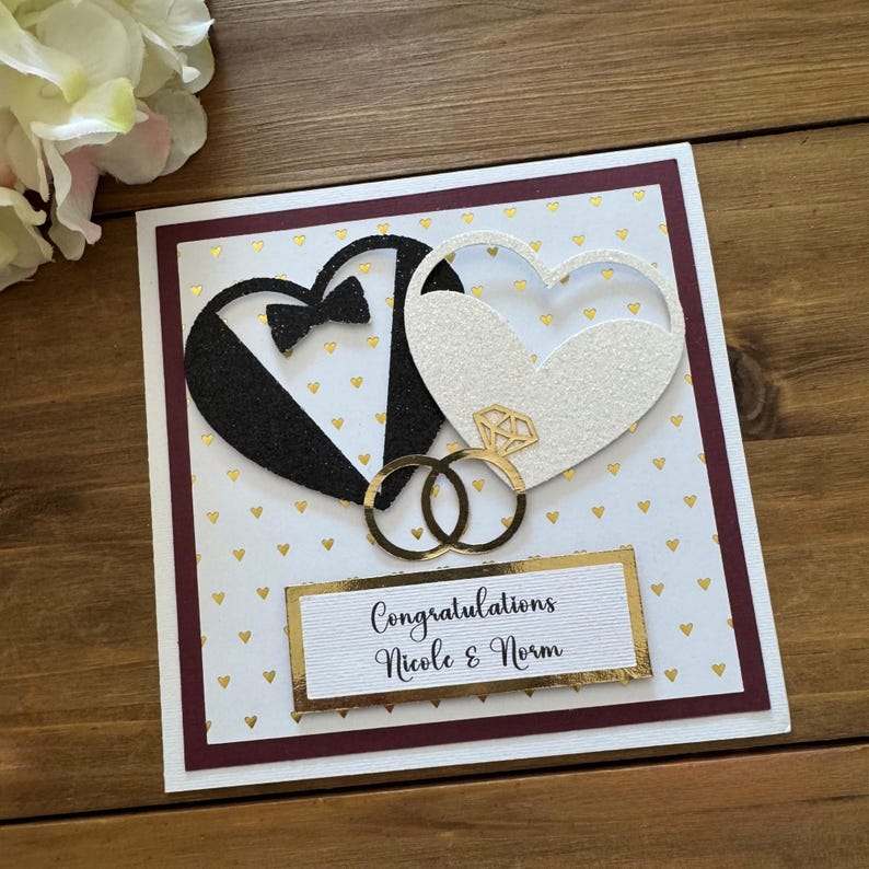 Handmade Hearts Wedding Card With Rings, Custom Greeting, Personalized ...