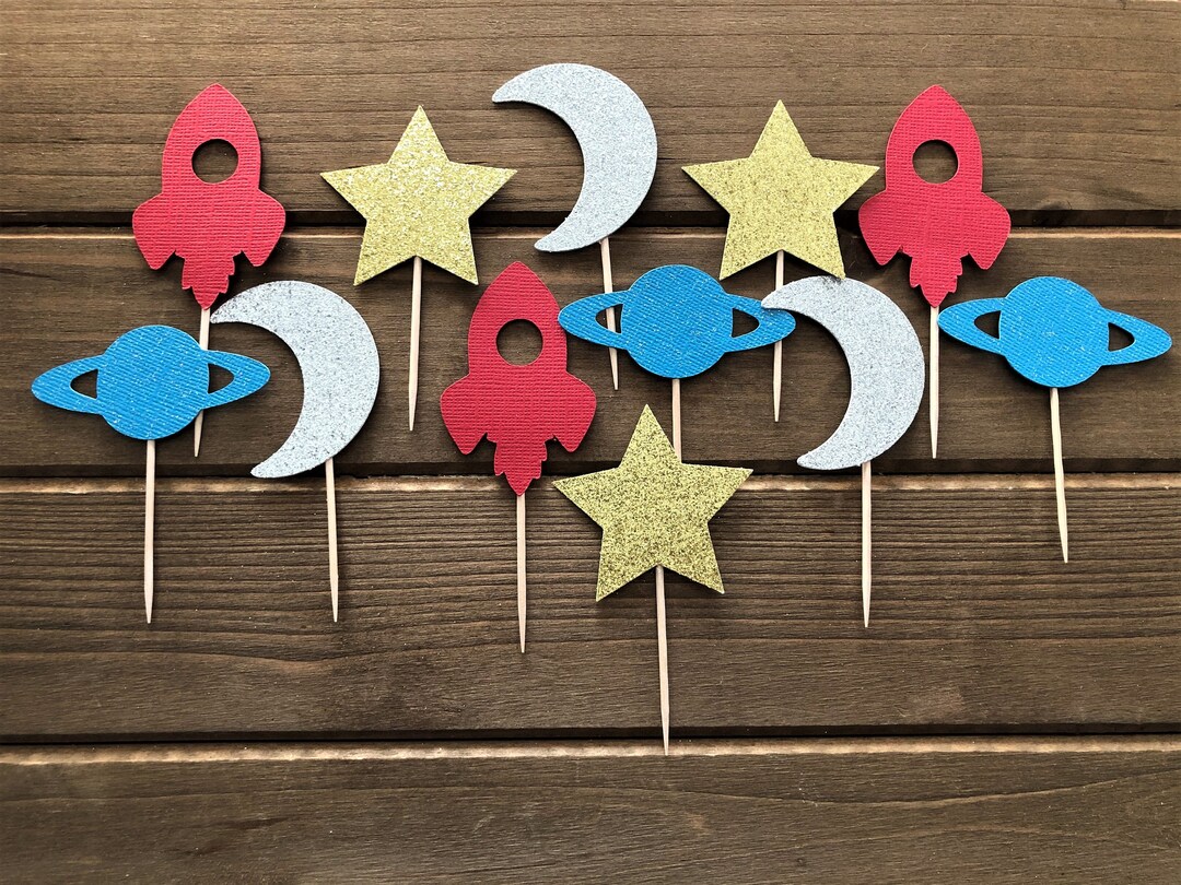 Space Cupcake Toppers: Glitter Star, Moon, Rocket & Planet Party and ...