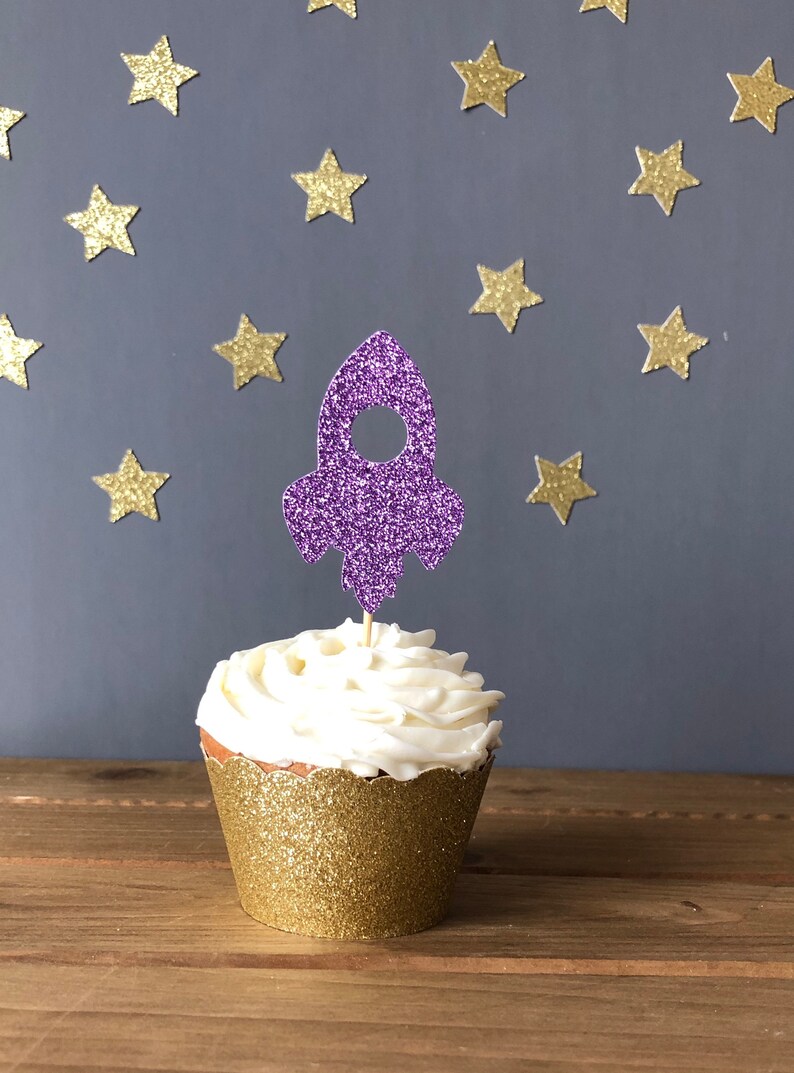 Rocket Cupcake Toppers for Outer Space Birthday, Baby Shower, Two the ...