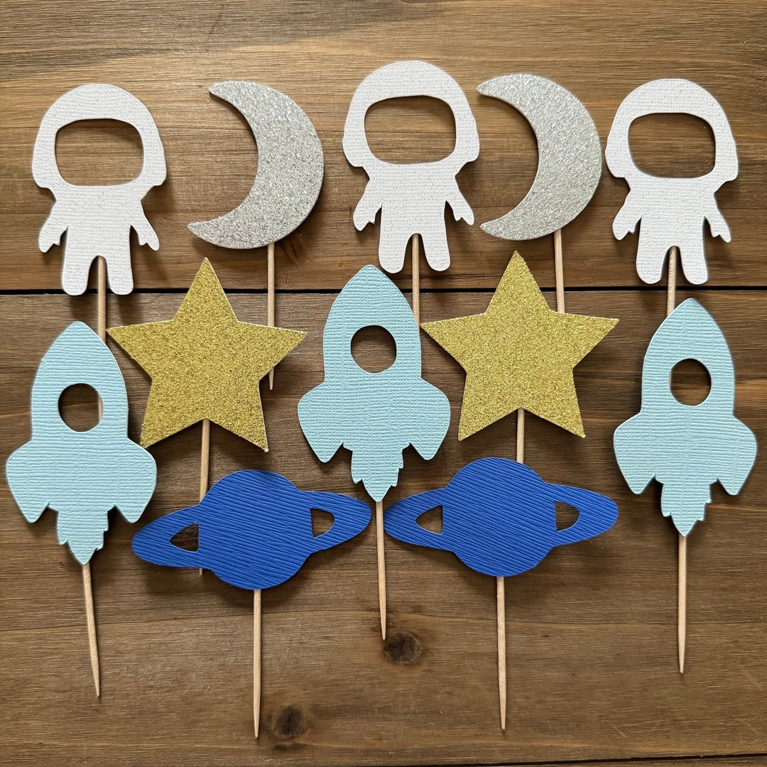 Space Cupcake Toppers: Glitter Stars, Moons, Astronauts, Rockets ...