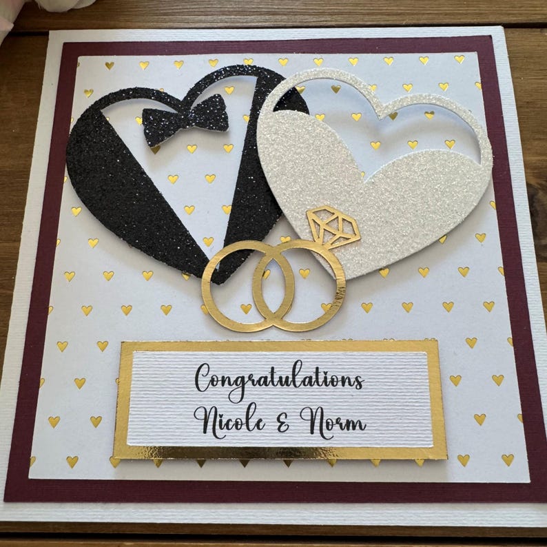 Handmade Hearts Wedding Card With Rings, Custom Greeting, Personalized ...
