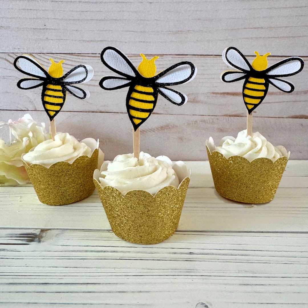 3D Bee Cupcake Toppers for Baby Shower, Birthday Party, Bumblebee Theme ...