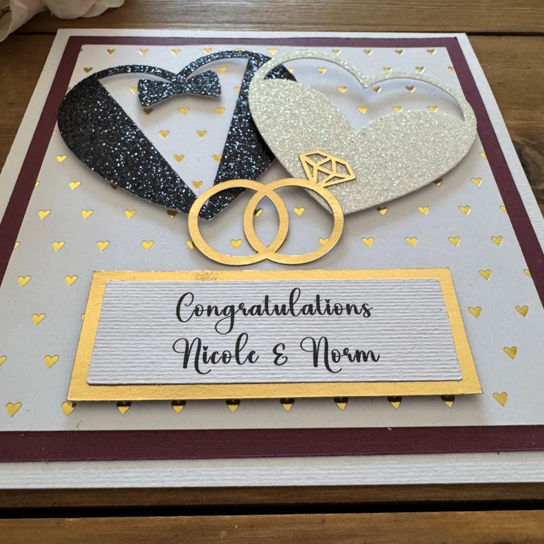Handmade Hearts Wedding Card With Rings, Custom Greeting, Personalized ...