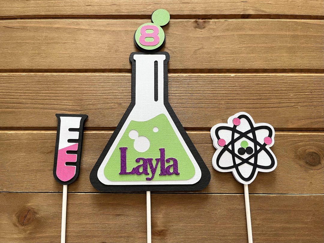 Personalized Pink Science Birthday Cake Topper: Flask, Beaker, Test ...