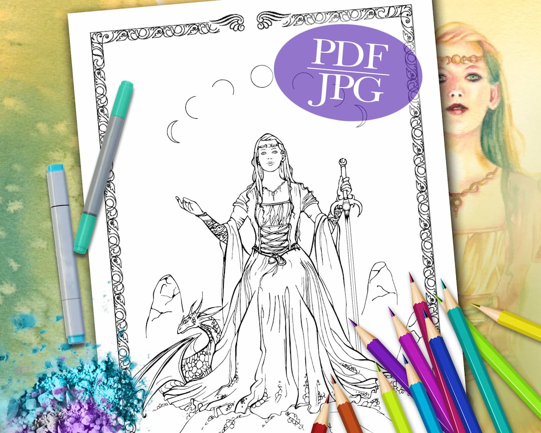 FANTASY COLORING PAGE 'sorceress' Goddess, Mythology, Dragon, Sword ...