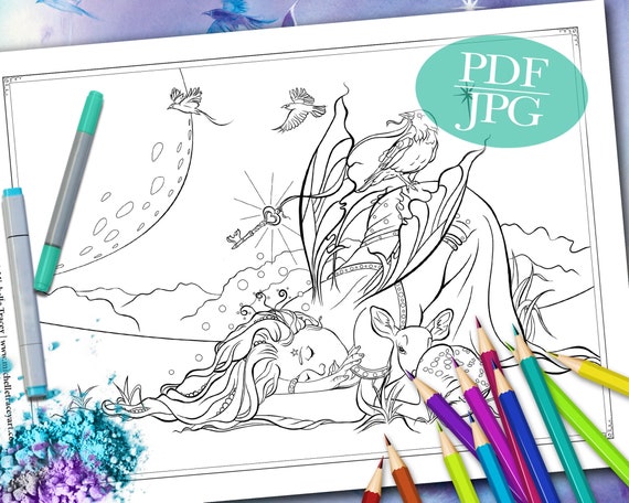 FAIRY COLORING PAGE 'sienna and the Deer in Dream | Etsy