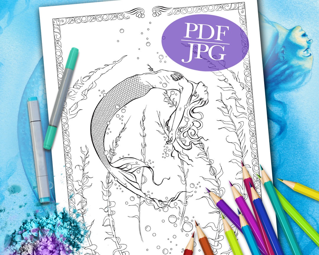 Mermaid Coloring Page: Fantasy 'surrender' Line Art (PDF, JPG) - Etsy