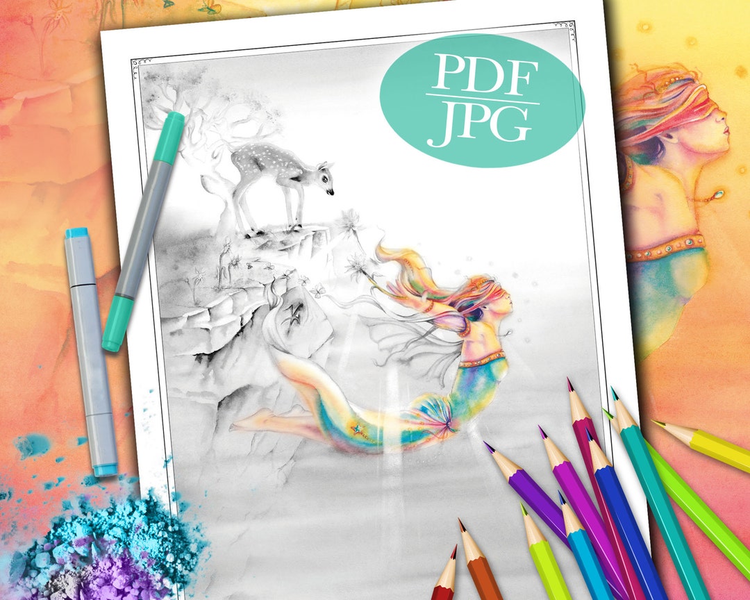 GRAYSCALE COLORING PAGE 'sienna and the Deers Summer Ascension' Fantasy ...