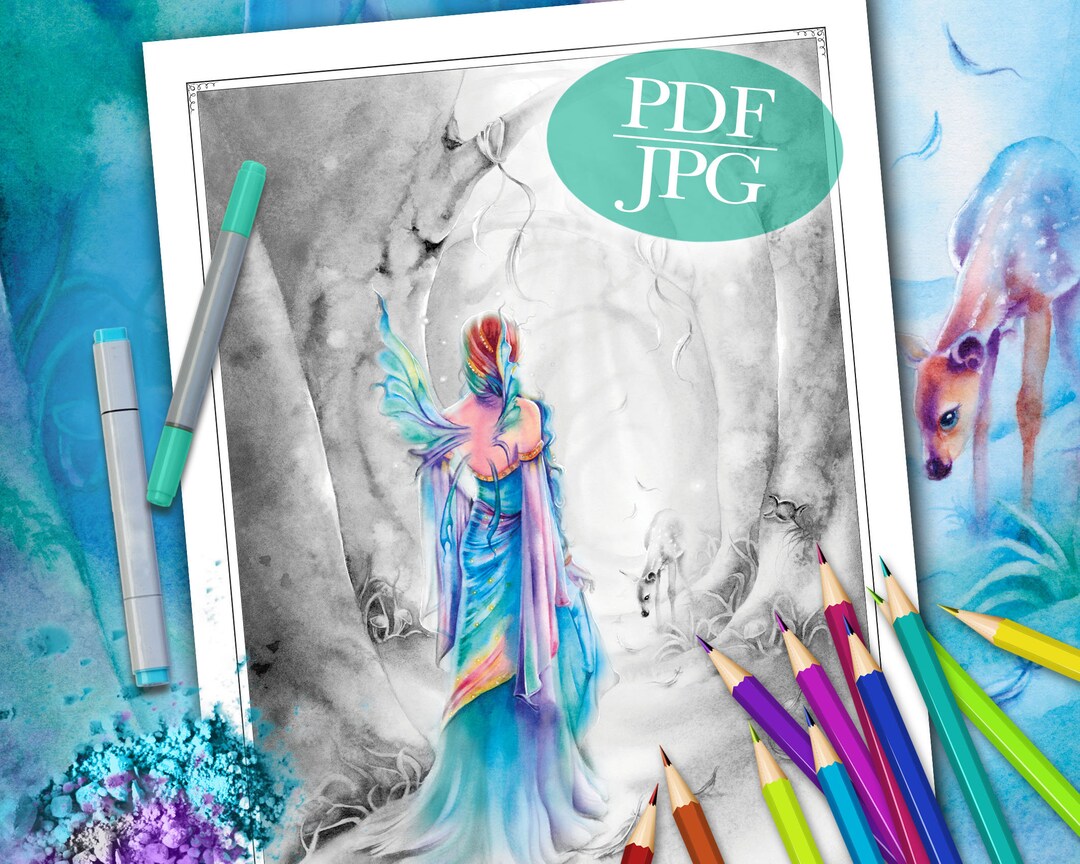 GRAYSCALE COLORING PAGE 'sienna and the Deer Seek the Forest' Fantasy ...