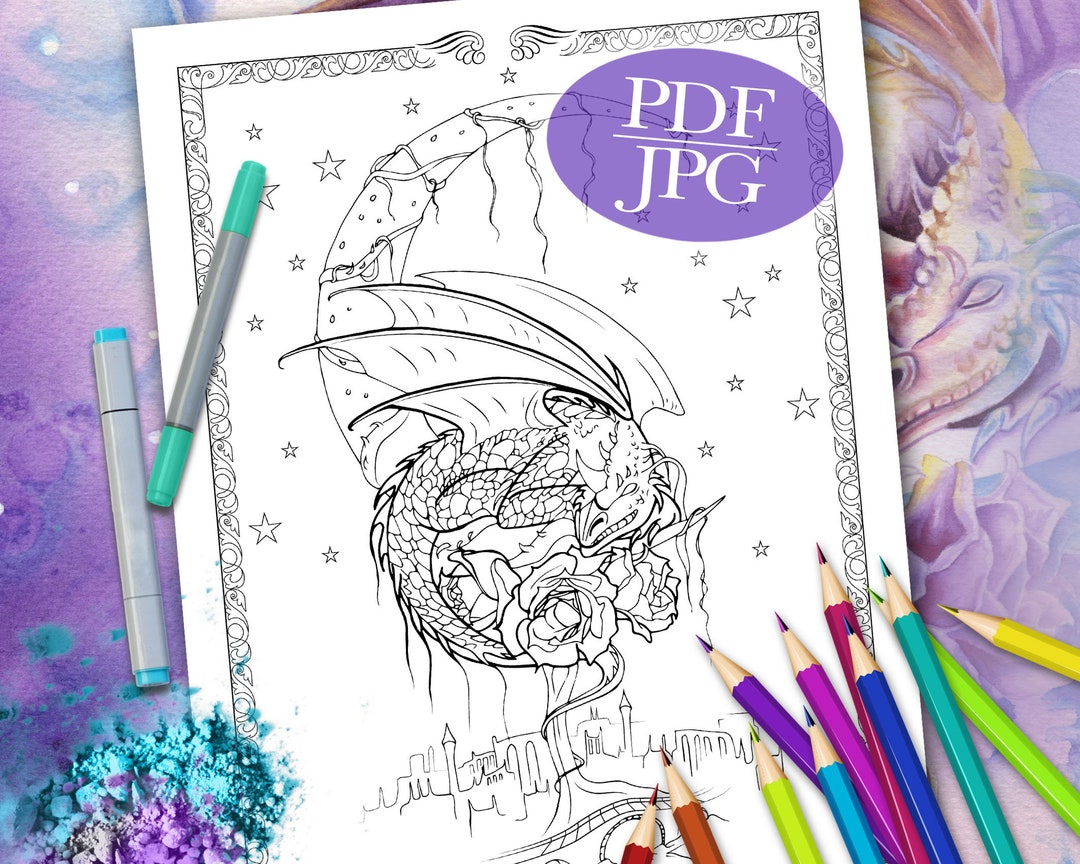 DRAGON COLORING PAGE 'dragon Dreams' - Fantasy, Dragons, Moon, Roses ...