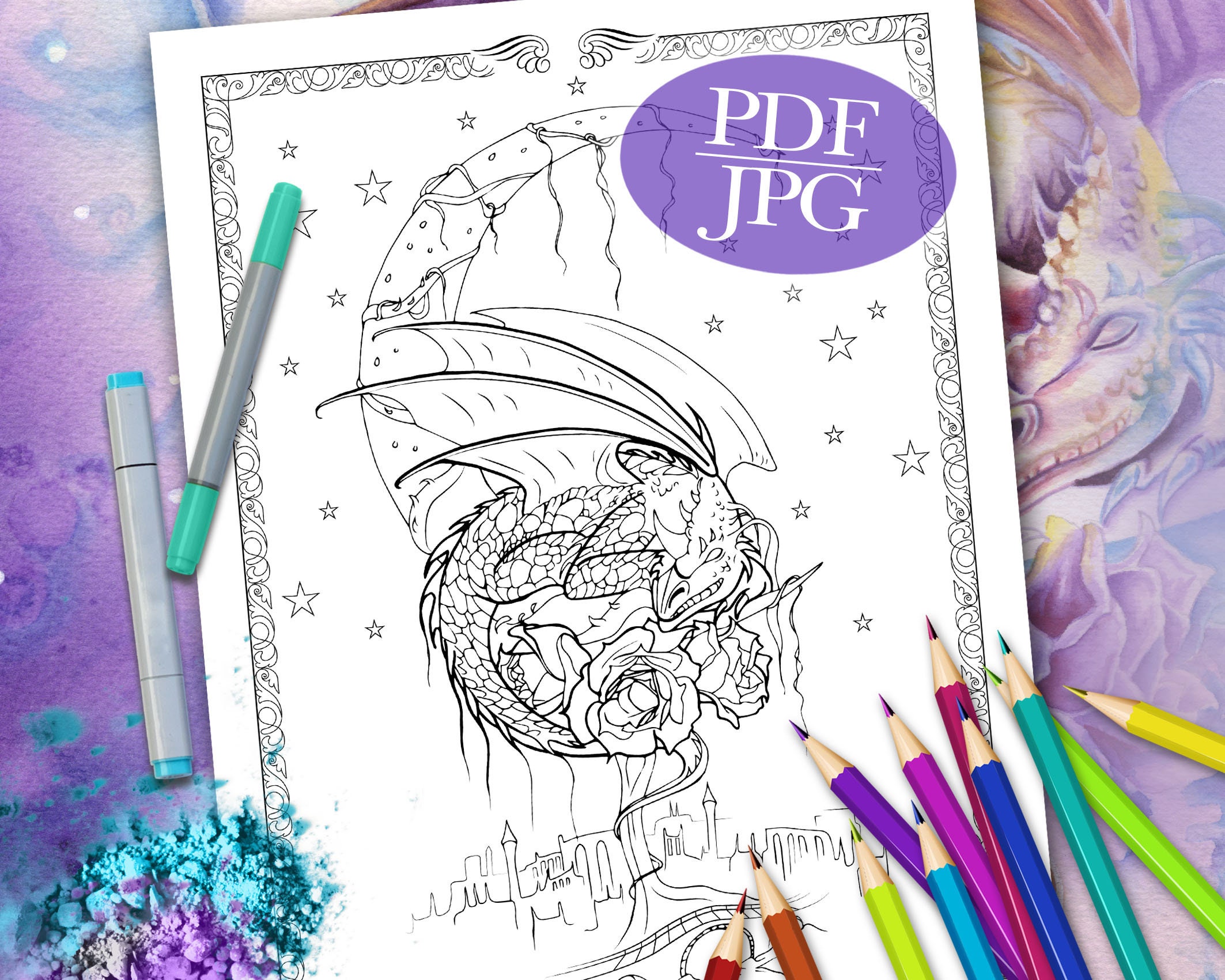 DRAGON COLORING PAGE 'dragon Dreams' Fantasy - Etsy
