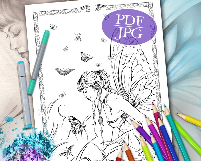 Fairy Coloring Page: 'whispering Wings' Fantasy Art (PDF, JPG) - Etsy