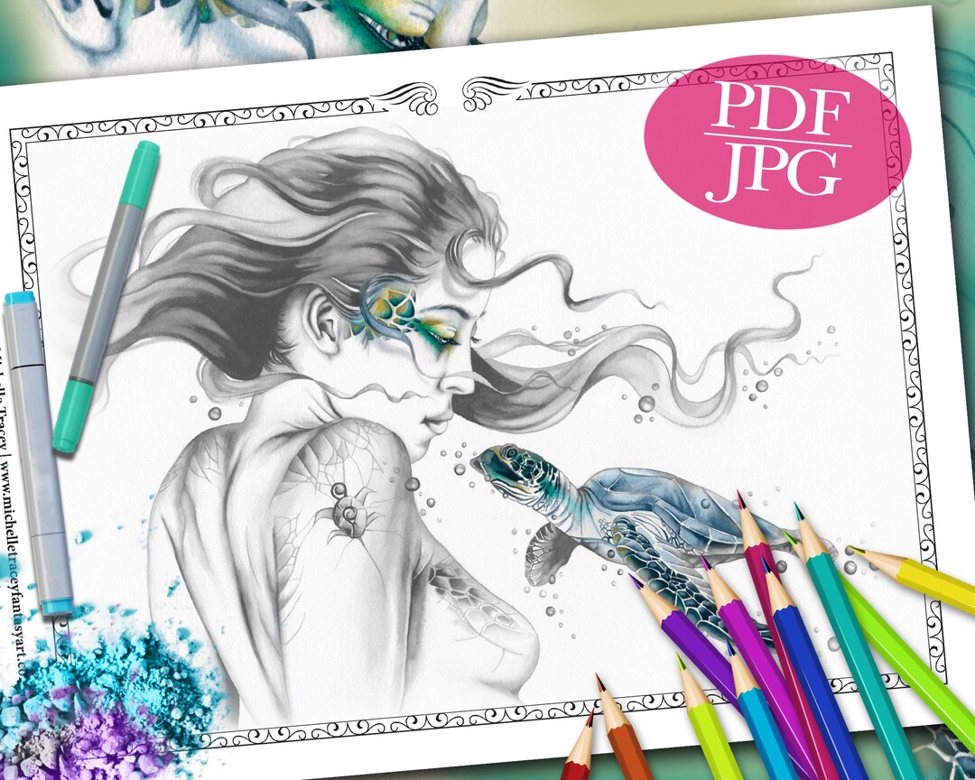 Sea Turtle Totem Grayscale Coloring Page: Adult Beginner/advanced (PDF ...