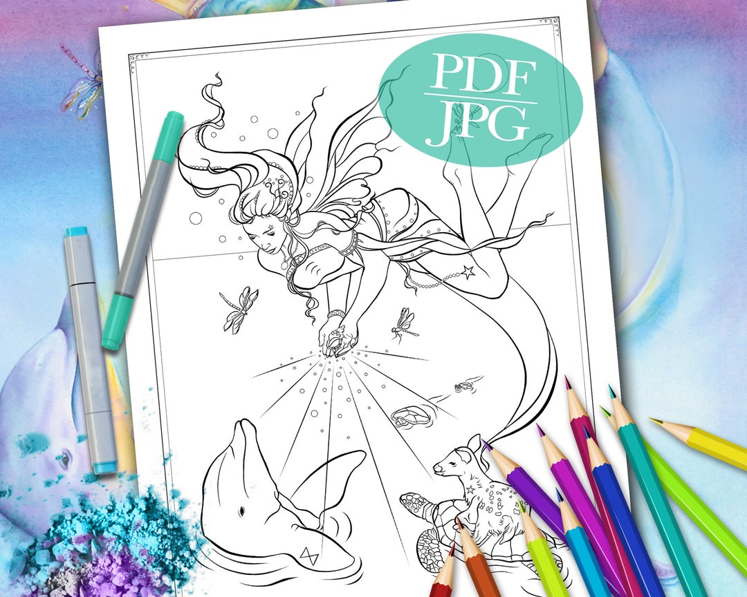 FAIRY COLORING PAGE 'sienna and the Deer Ocean Blessings' Fantasy ...