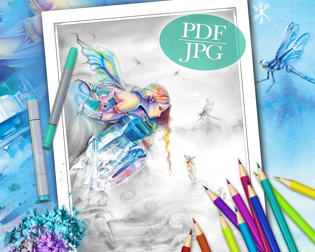 GRAYSCALE COLORING PAGE 'sienna and the Deer Illuminate Winter' Fantasy ...