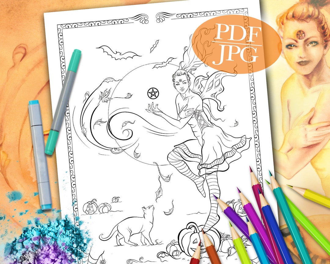 Halloween Fairy Coloring Page: 'something Wiccan' (PDF/JPG) - Etsy