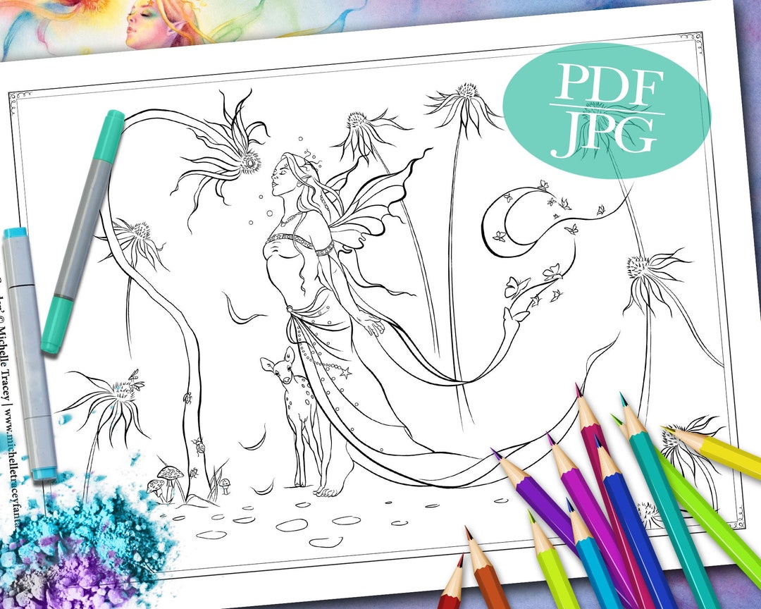 Fairy Coloring Page: Sienna and Deer in Enchanted Garden (PDF, JPG) - Etsy