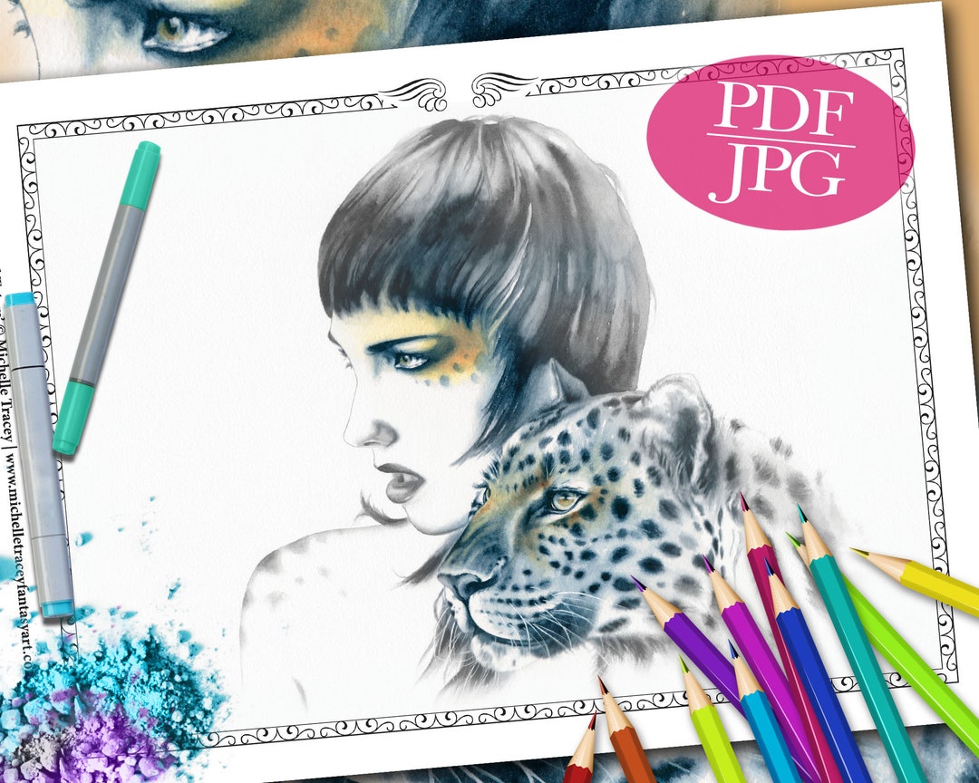 Leopard Totem Grayscale Coloring Page: Fantasy Animal Faces (PDF, JPG ...