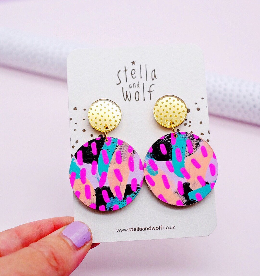 Large Colourful Abstract Statement Earrings, Gold Polka Dot Studs ...