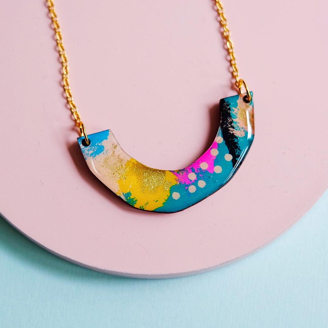 Colourful Geometric Statement Necklace, Modern Wooden Jewellery ...
