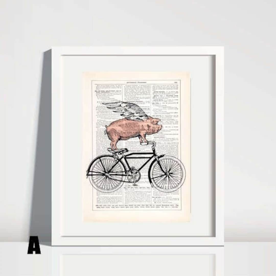 Pigs Fly Art Print, Whimsical Pig Art, Bike Artwork, Pink Pig Nursery ...