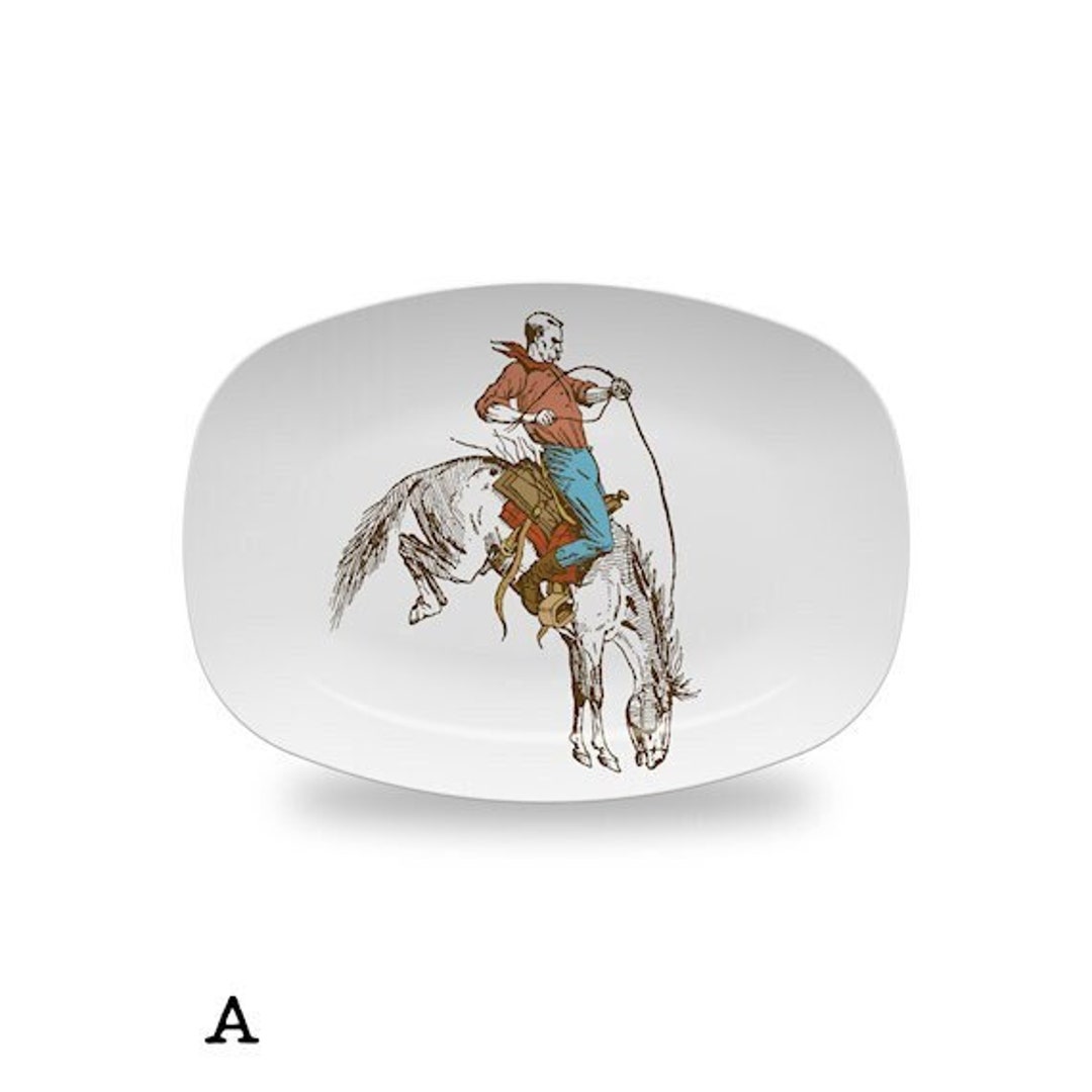 Cowboy Serving Platter, Rodeo Art Tray, Bucking Bronco Dish, Western ...