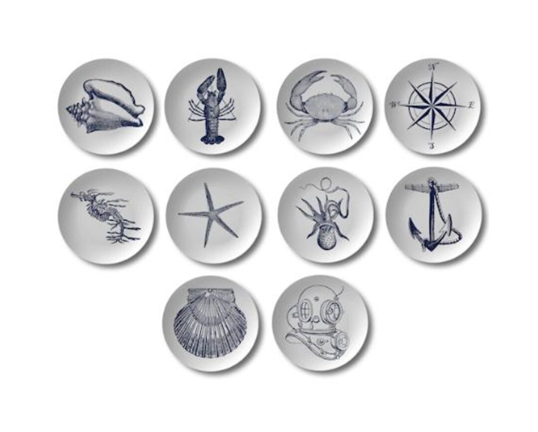 Set of 10 Coastal Dinner Plates, Navy Blue Nautical Dish Set, Beach ...