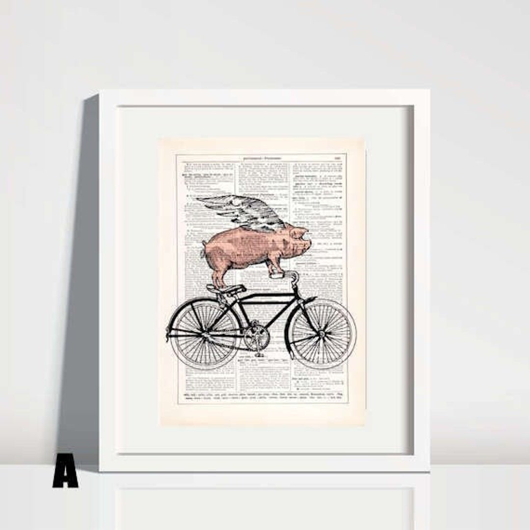 Pigs Fly Art Print: Upcycled Dictionary Page, Bike Artwork, Nursery ...