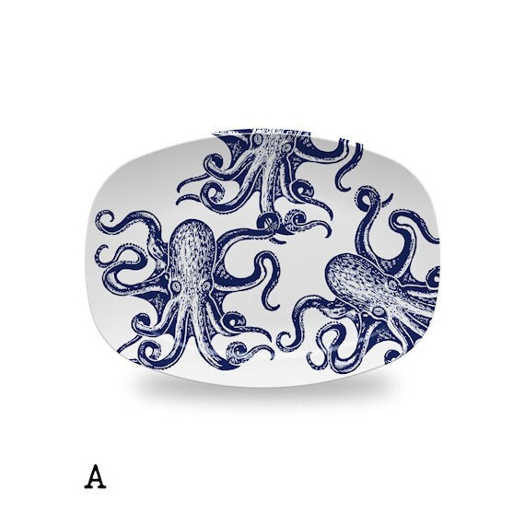 Octopus Serving Platter, Coastal Kitchenware, Blue & White Dinnerware ...