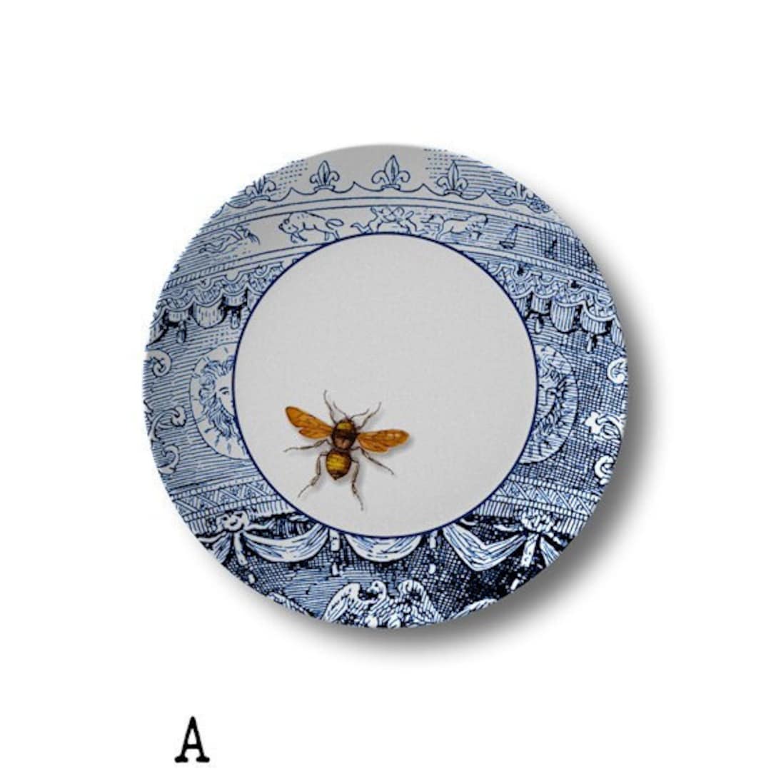 Blue & White Dinner Plates, Bee Art Dinnerware, Indoor/outdoor Dishes ...