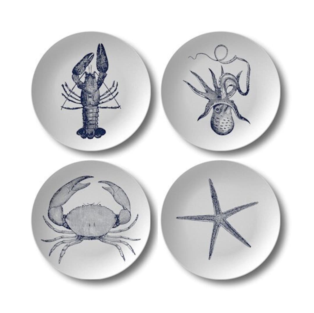 Nautical Dinner Plates, Coastal Dinnerware, Lobster Dishes, Navy Blue ...