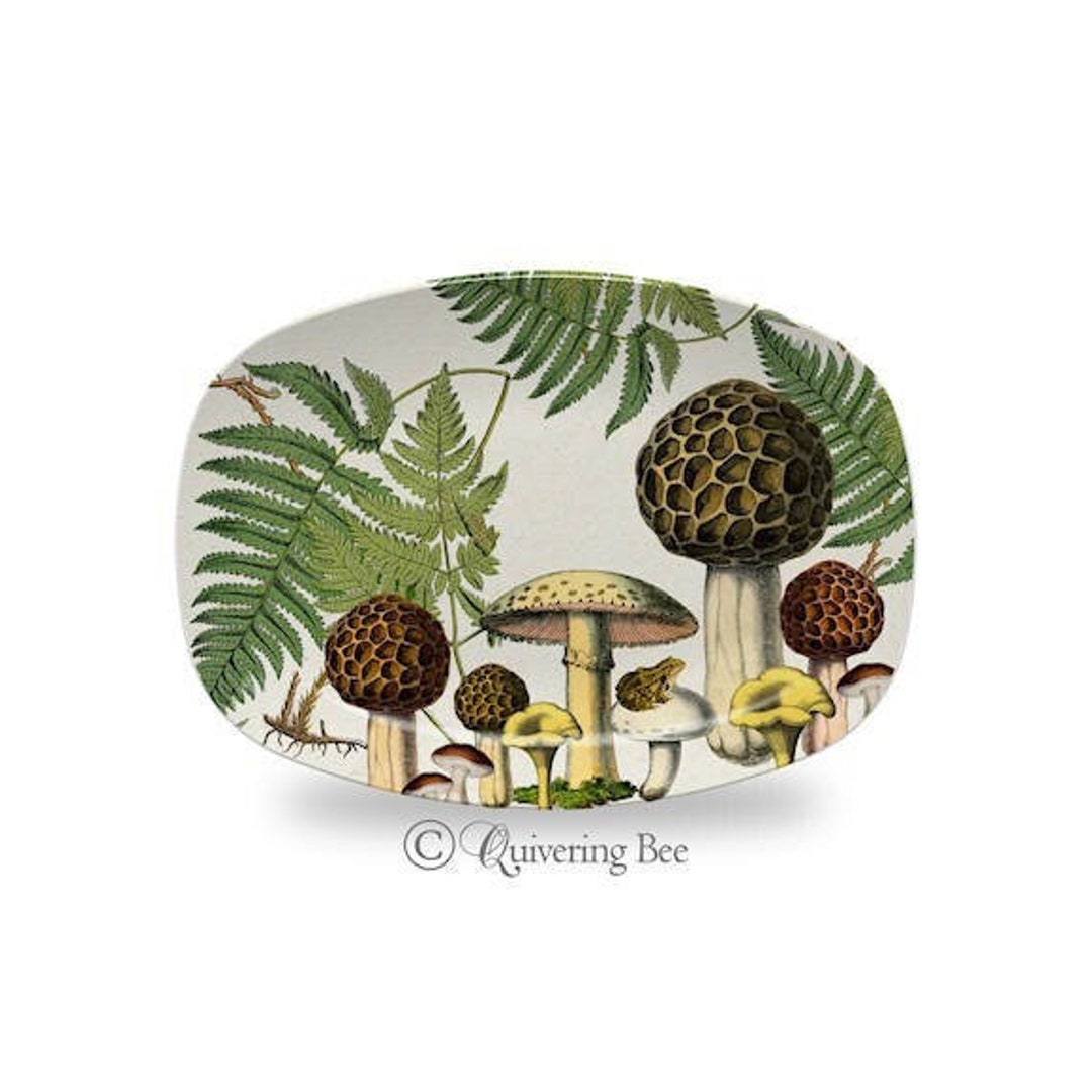 Mushroom & Fern Serving Platter: Vintage Botanical Tray, Woodsy Server ...