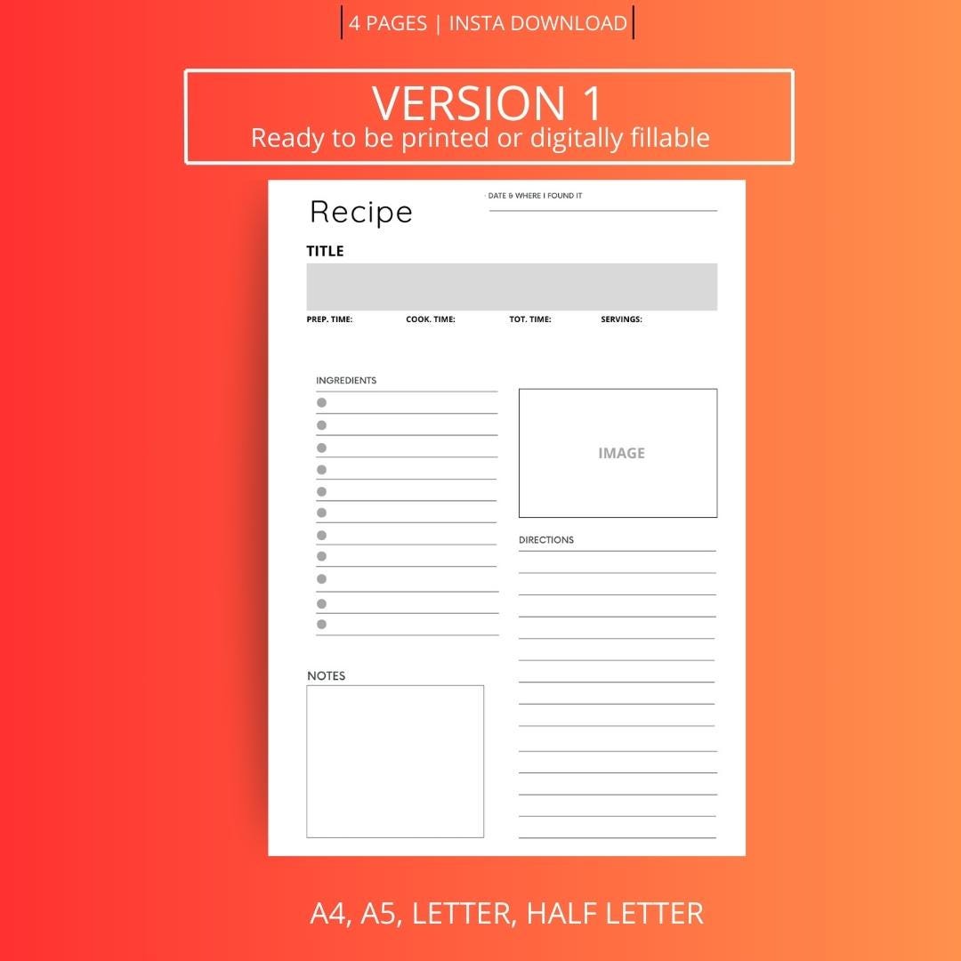 Printable Recipe Book Template Blank Recipe Pages, Cookbook Journal ...