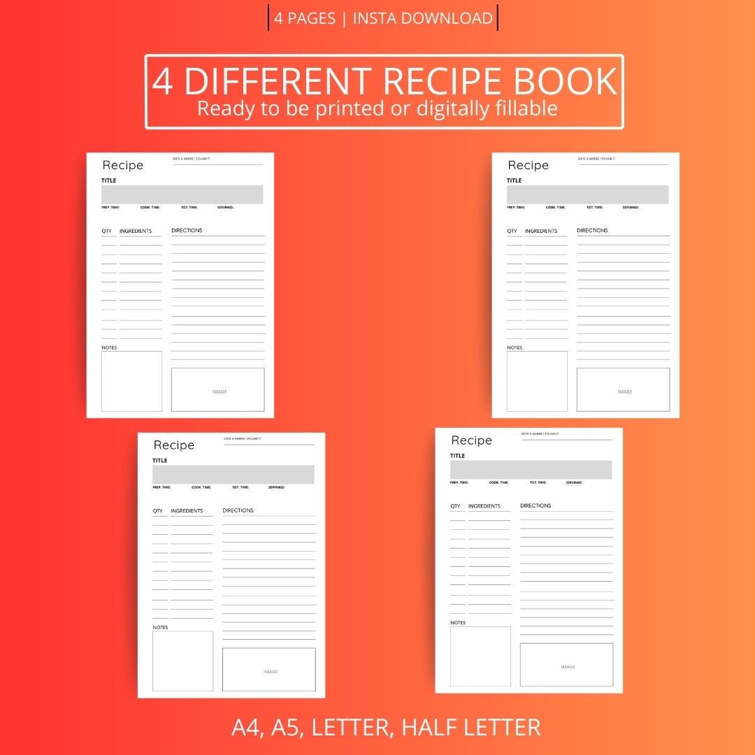 Printable Recipe Book Template Blank Recipe Pages, Cookbook Journal ...