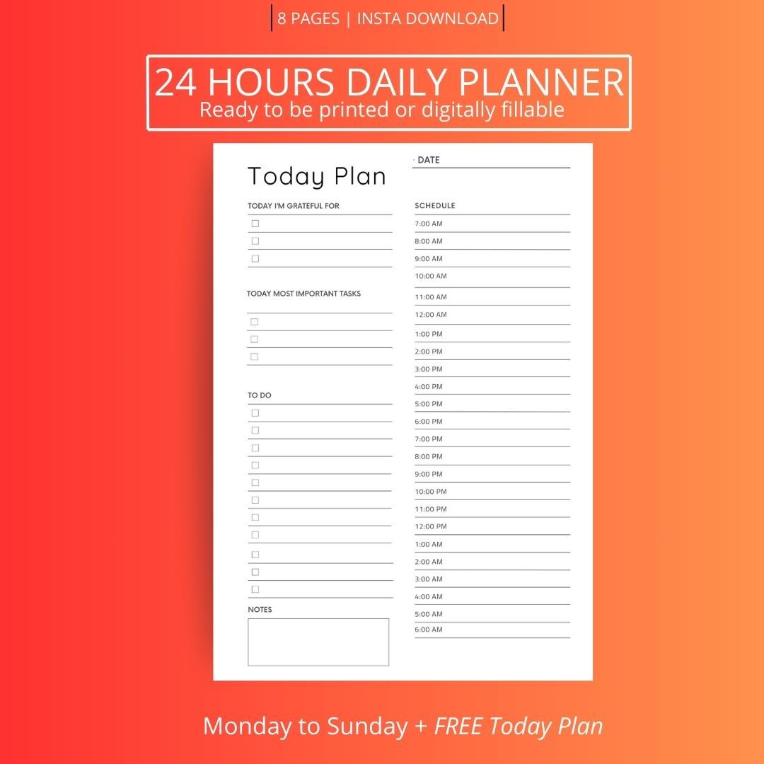 24 Hour Daily Planner Printable, Daily to Do List for Work / Personal ...