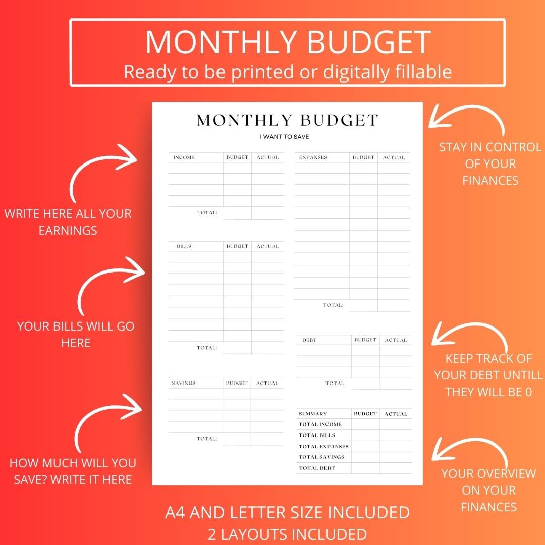 Printable Monthly Budget Template Income, Bills and Expenses Tracker A4 ...