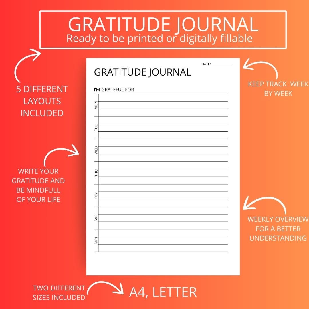 Weekly Gratitude Journal Printable Template, Thankfulness Journal ...